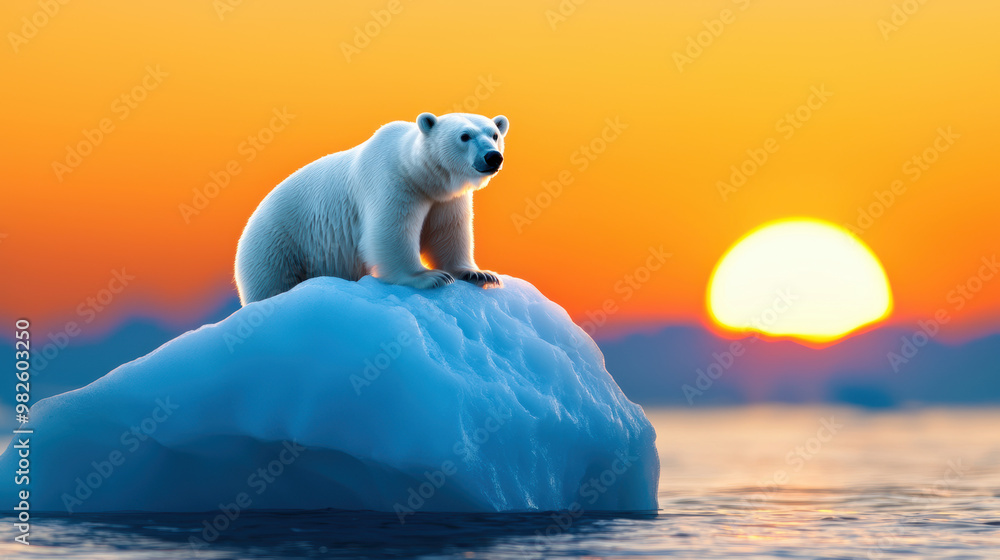 Polar bear on a shrinking iceberg with the sun setting behind, a symbol ...