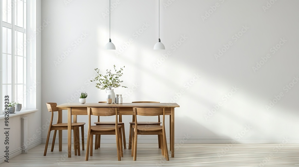 Minimalist dining room with a simple wooden table and chairs, white ...