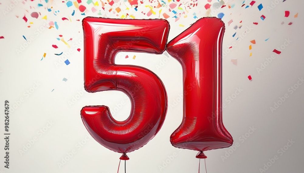 Red birthday / anniversary balloon, number 51, white background with ...