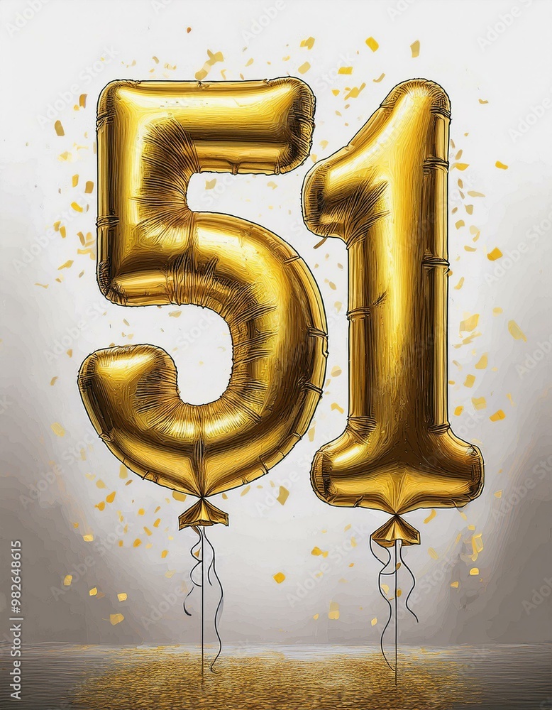 Gold birthday / anniversary balloon, number 51, white background with ...