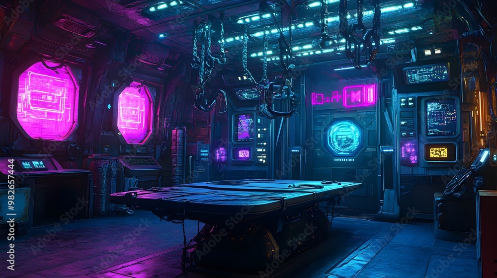 Alien handcuffed to a floating metal table in a neon-lit space station ...