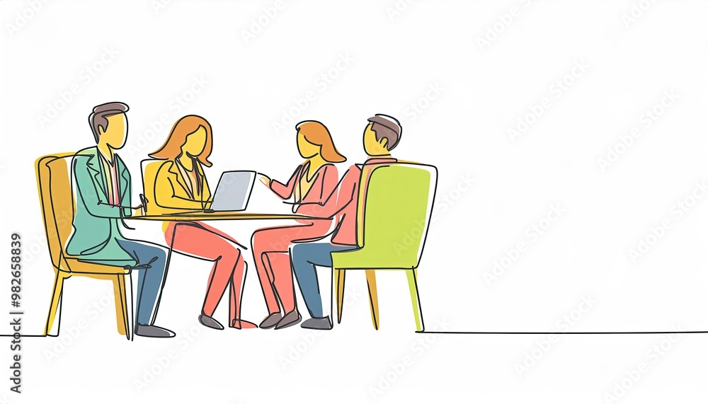 One single line drawing of young interviewee being interviewed by some ...