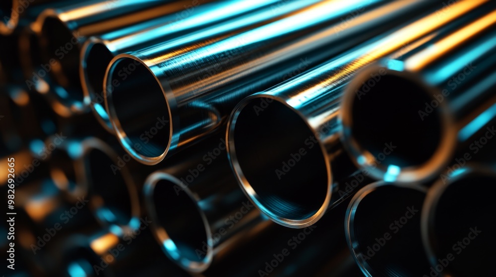 A perspective view along the length of several stacked stainless steel ...