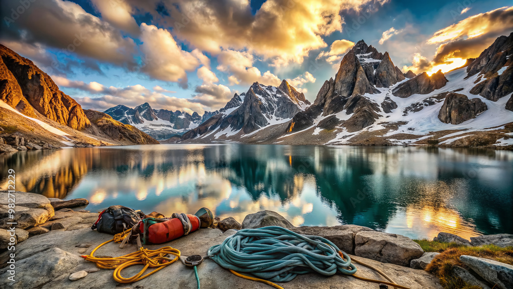 Rugged snow-capped mountain peaks tower above a serene alpine lake ...