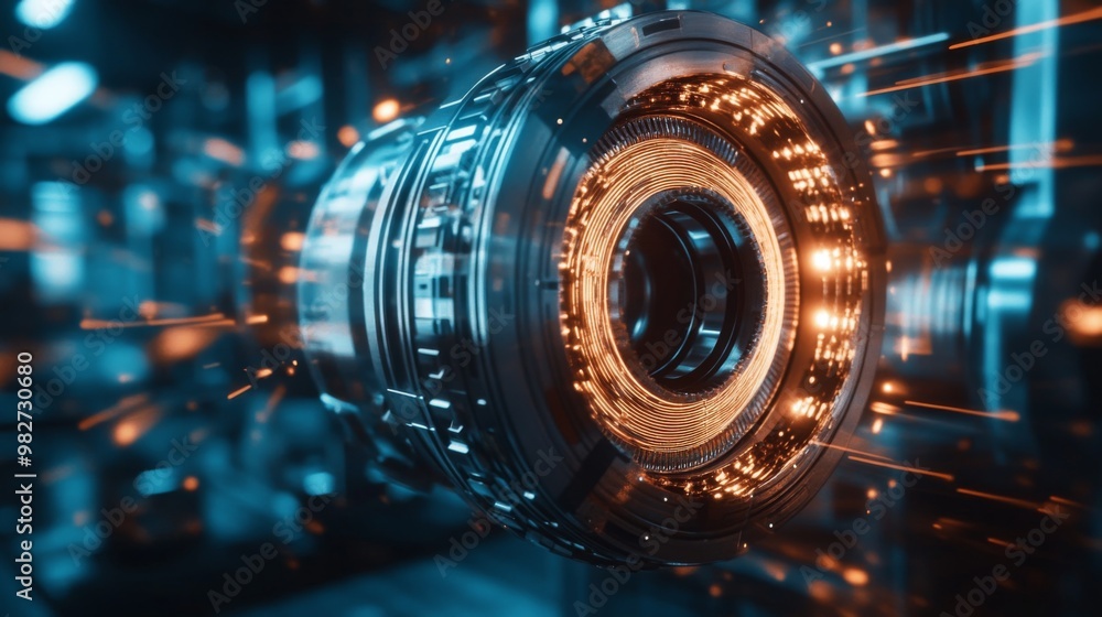 Electric motor spinning at high speed, generating kinetic energy and ...