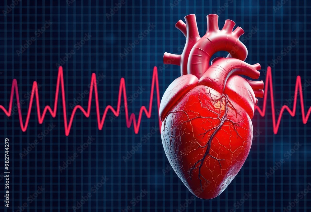 Realistic Human Heart with EKG Waveform on Blue Grid Background Stock ...