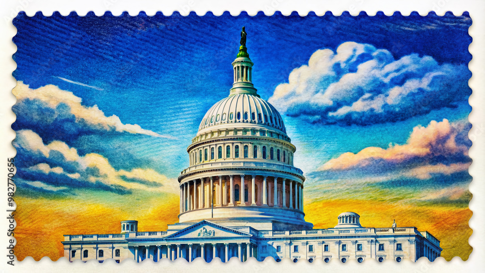 Colorful close-up of a vintage postage stamp featuring the United ...