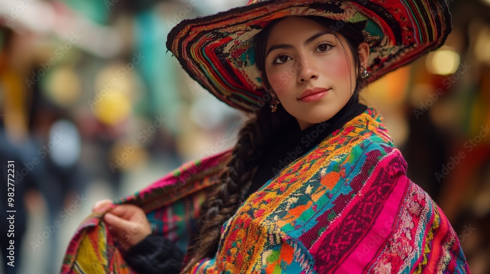 Elegant Bolivian woman in a traditional pollera, holding a brightly ...