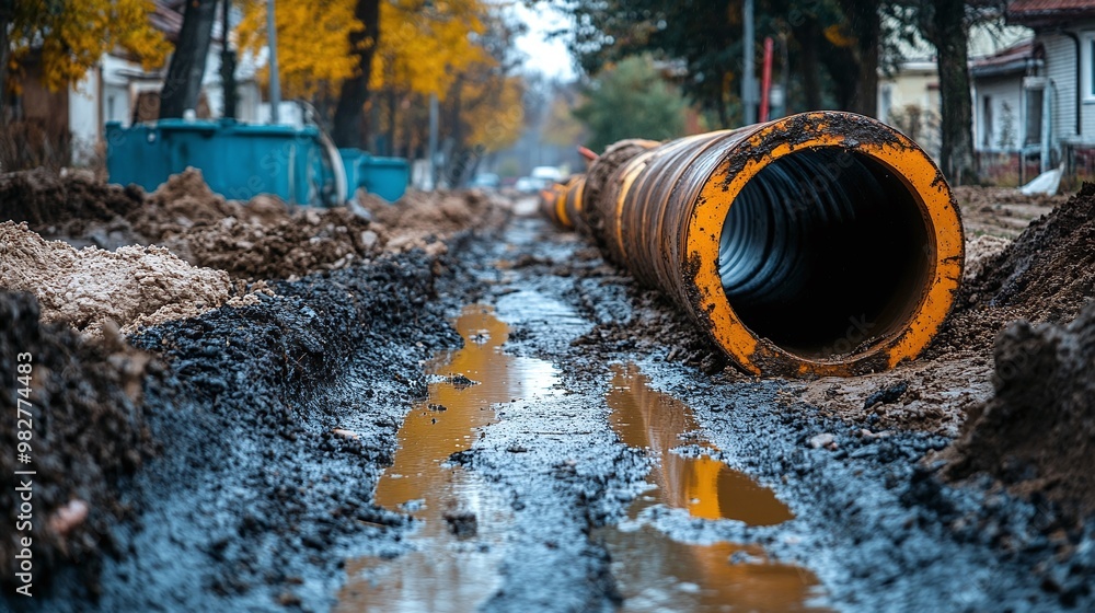 installation of sewage pipes in the street by public works team ...