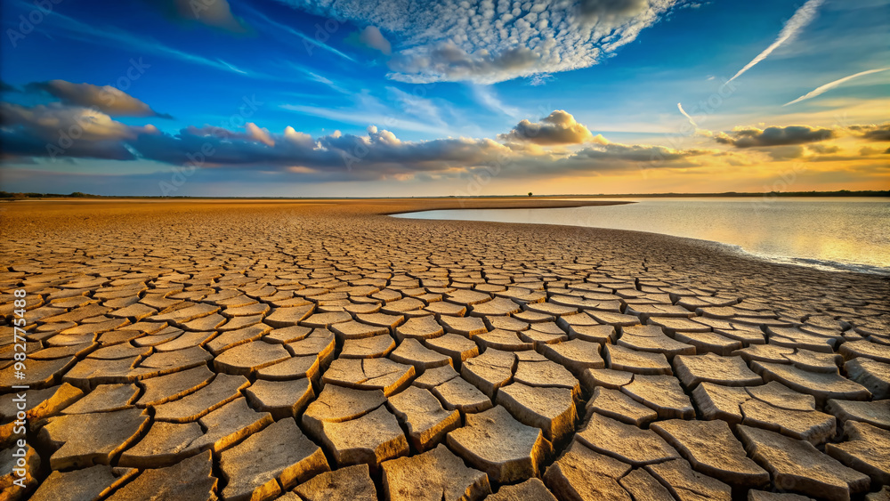 A dry, cracked, and barren mudflat stretches towards the horizon, with ...