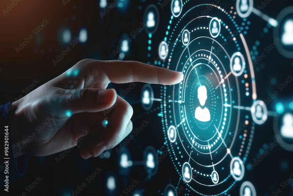 Abstract representation of digital connectivity with a hand pointing at ...