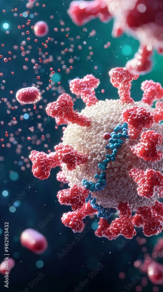 A molecular model of a virus attaching to a host cell, with detailed ...