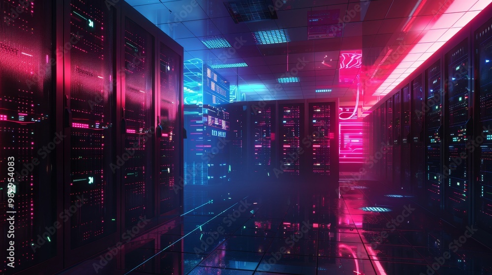 Neon Glow in a Server Room, 3D Render, Server Racks, Pink and Blue ...