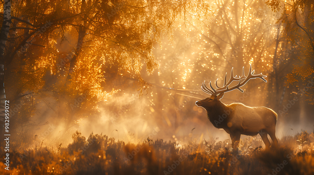 Golden Majesty: A bull elk stands proudly amidst a breathtaking sunrise ...