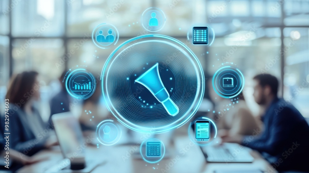 Floating circular icons representing workplace communication with a ...