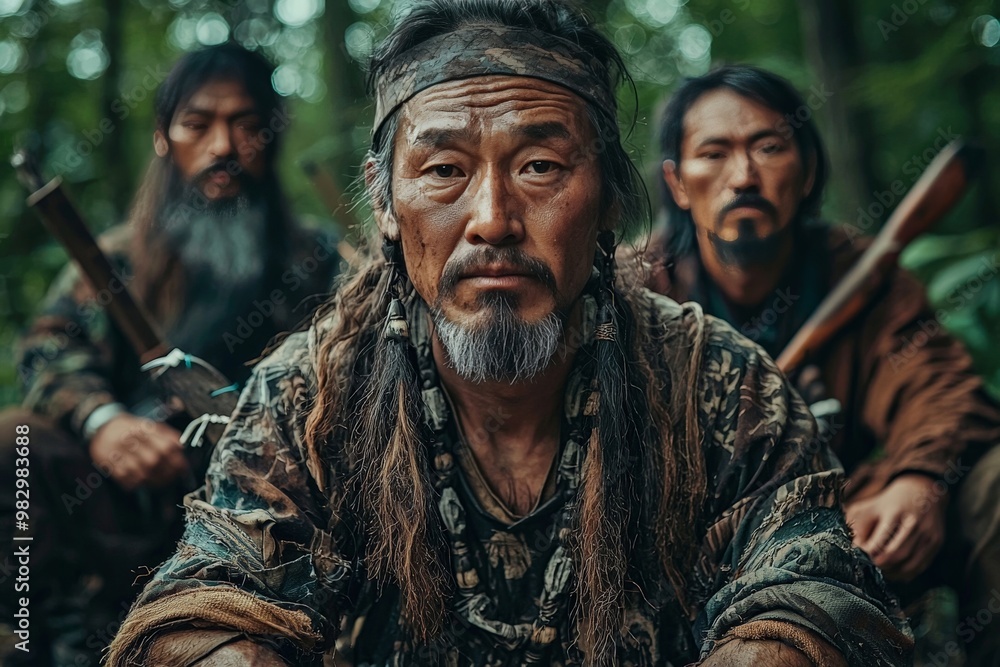 Ainu hunters in traditional attire, preparing to set out on a bear hunt ...