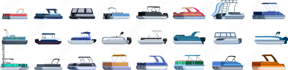 Pontoon boat icons set. Set of isolated images with various models of ...