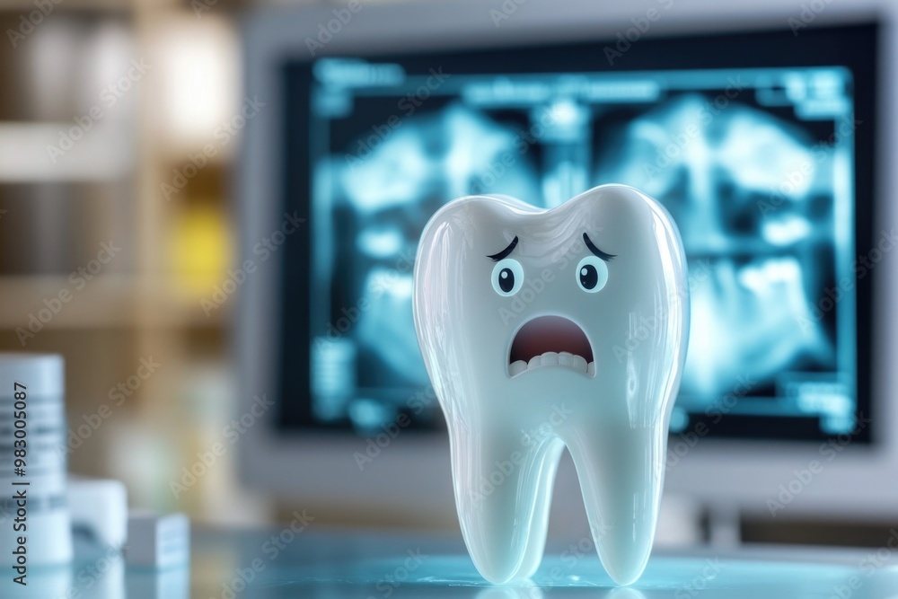 Scared tooth character with dental x-ray: oral health concerns and ...