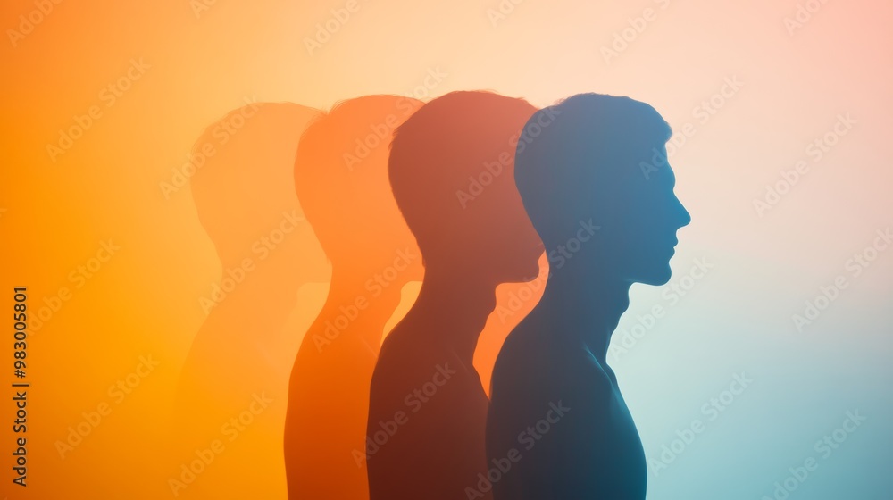Male silhouette standing in colorful layers of gradient lighting ...