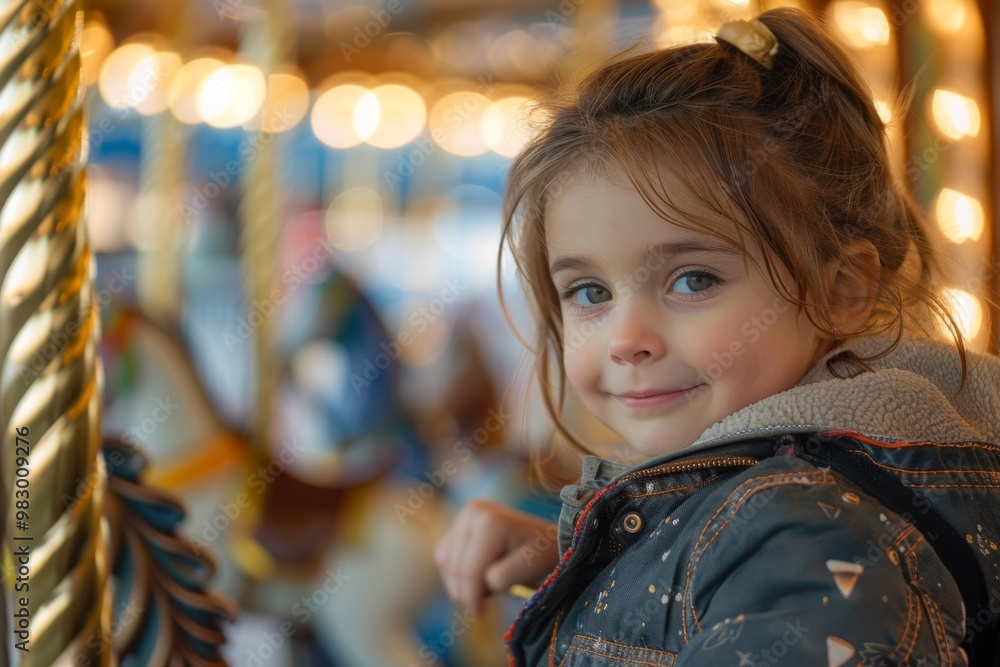 Little girl smiling while riding a carousel at the amusement park Stock ...