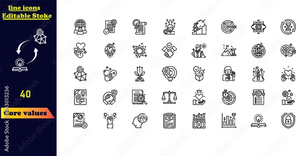Editable stroke icon set for core values, featuring icons for honesty, stakeholders, integrity ...