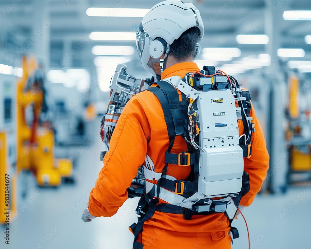Robotic exosuit assisting a worker in heavy lifting, sleek and ...