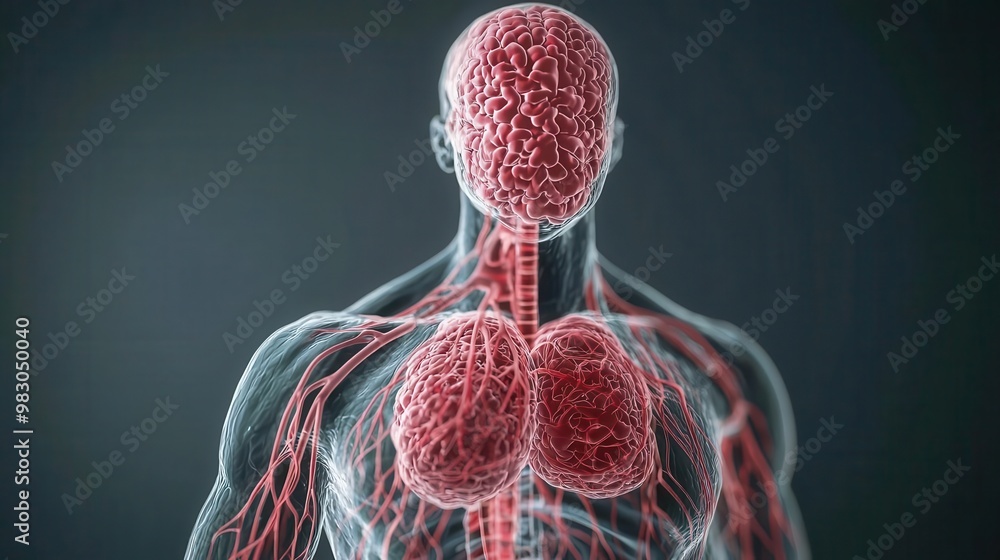 Human lymphatic system with a focus on a single cancerous node, medical ...