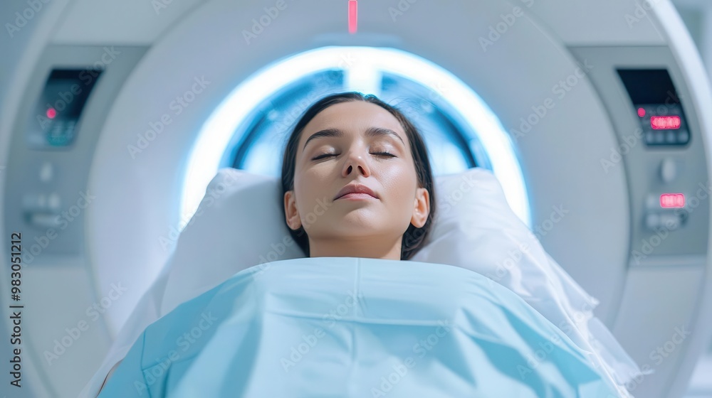 Patient undergoing MRI scan for lymphoma diagnosis, focused and ...