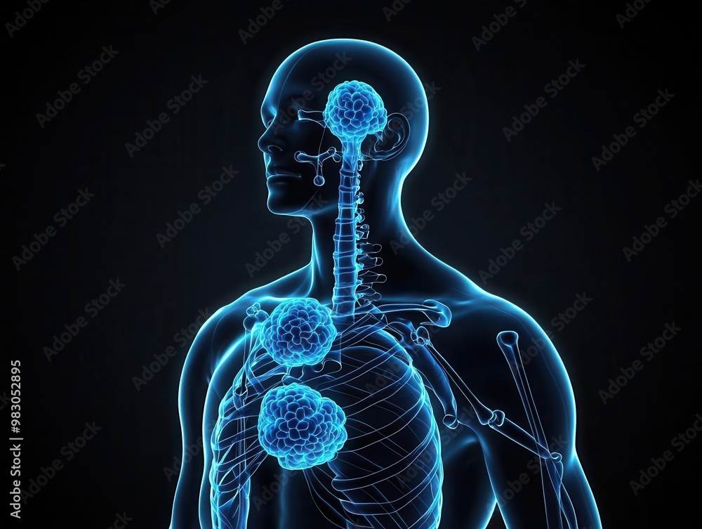 Human body silhouette with highlighted lymphatic system and swollen ...