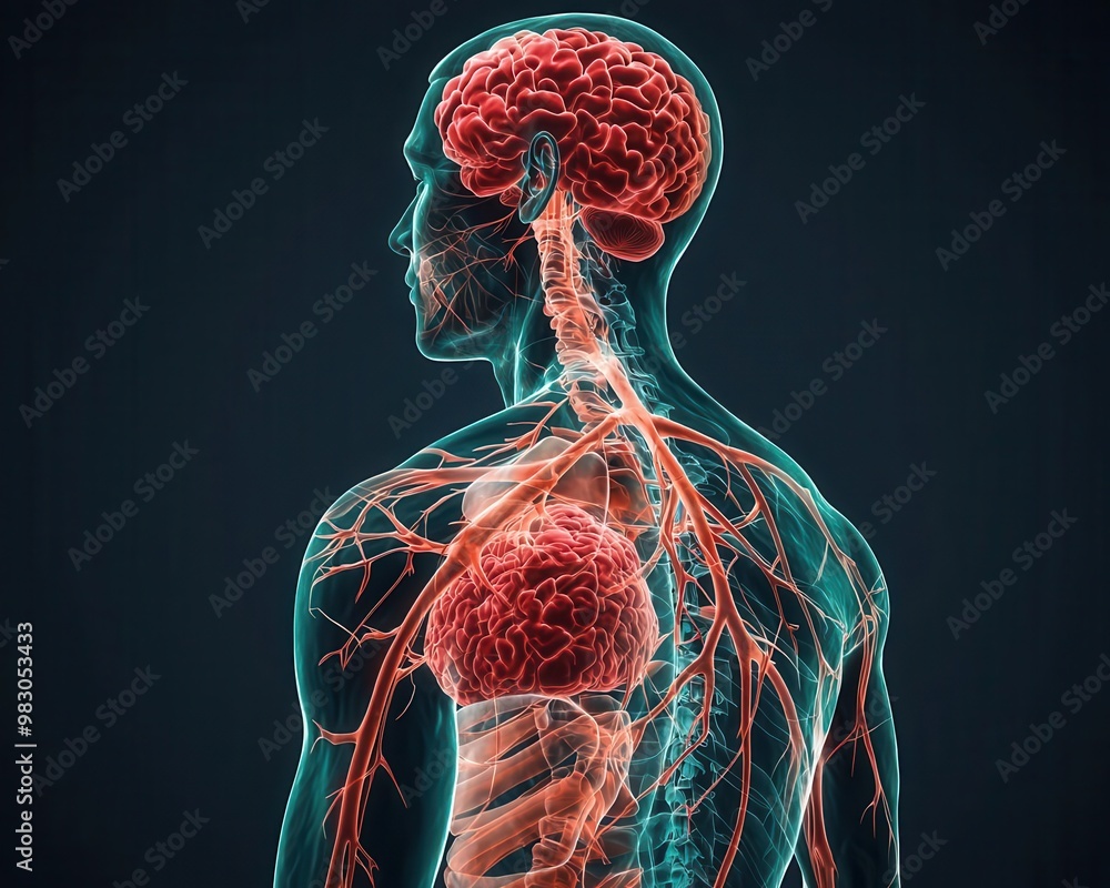 Human silhouette with lymphatic system and cancerous nodes glowing ...