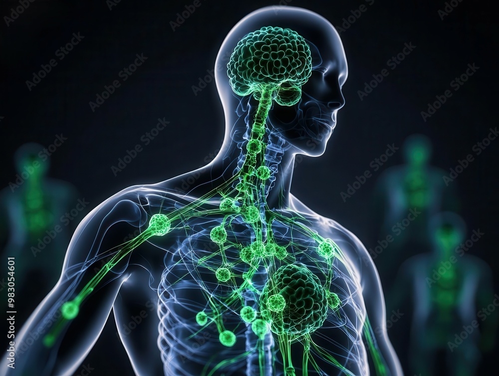 3D model of the human lymphatic system with highlighted cancerous nodes ...