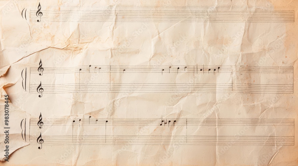 Old, crumpled sheet music with torn edges and visible creases, faded ...