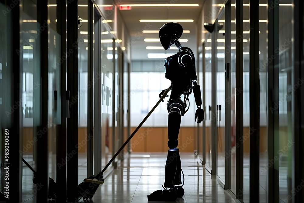 Silhouette humanoid robot with broom cleaning office corridor, robot ...