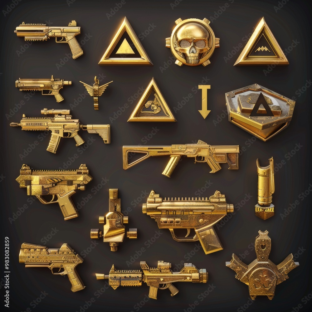 3D free to play casual UI HUD icons golden army symbols triangle gun ...