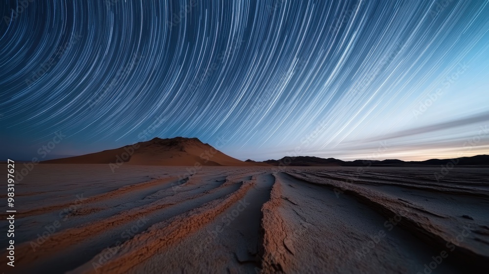 Impressive star trails sweep across the night sky over a desolate ...