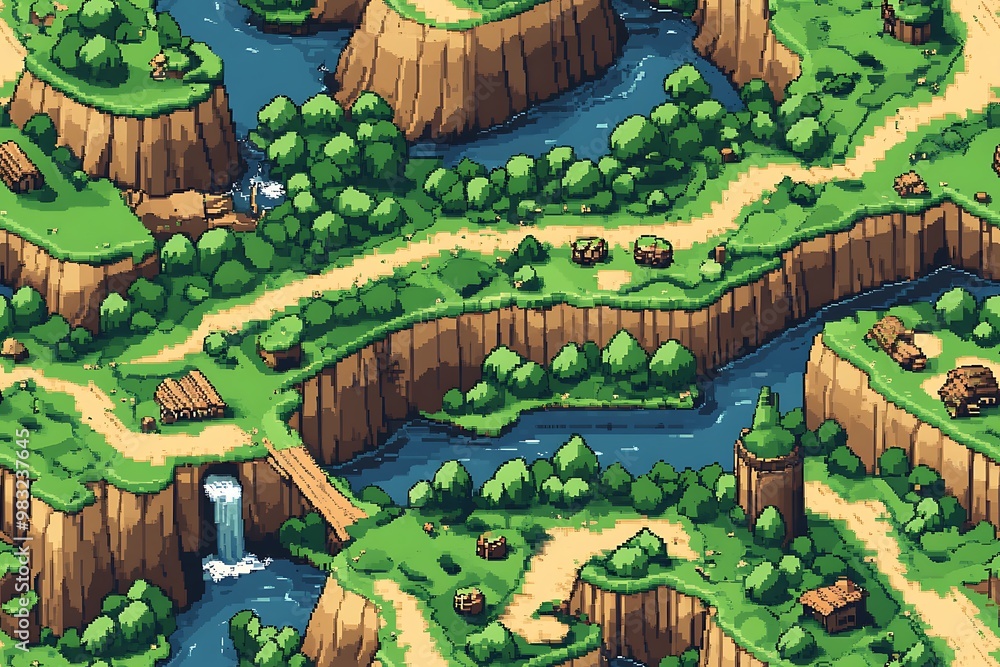 Isometric Pixel Art Fantasy Map Seamless Pattern, River, Waterfall ...
