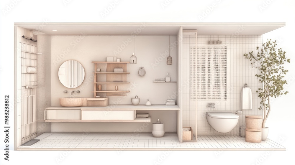 A detailed cross-sectional view of a bathroom, showcasing hidden ...