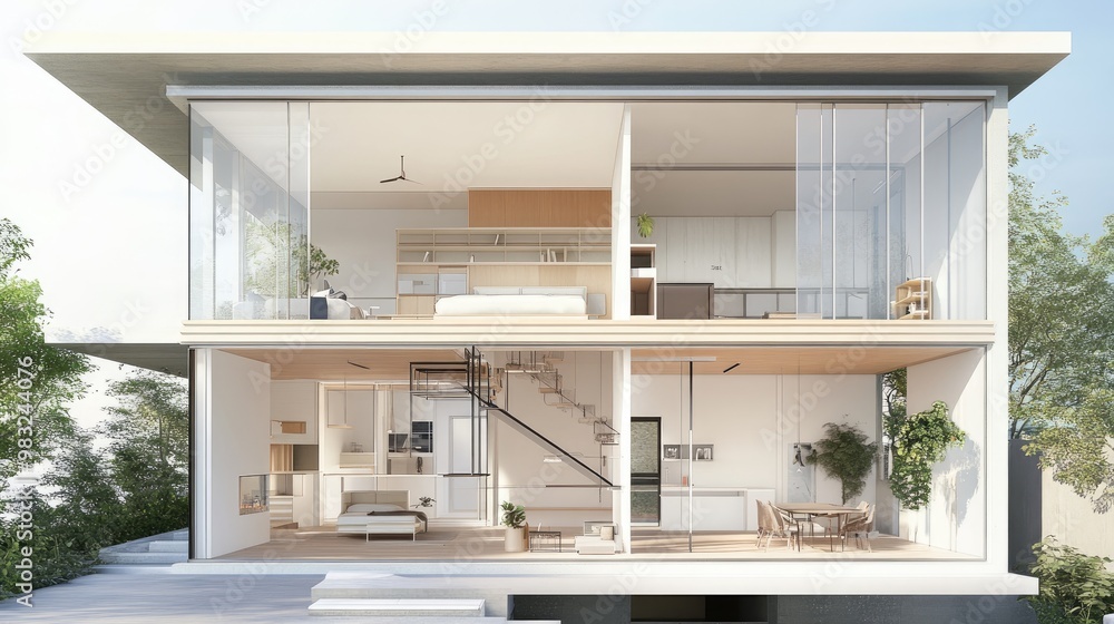 A technical cross-section of a two-story modern home, showcasing open ...