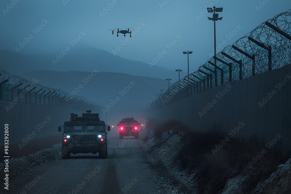 Military vehicles patrol a fortified international border at dusk with ...