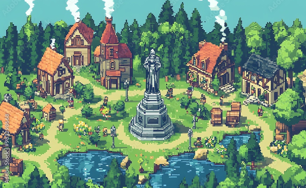 Pixel art fantasy village town with houses, forest, lake, statue and ...
