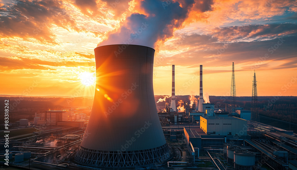 A nuclear power plant with a huge reactor dome in the centre of the ...