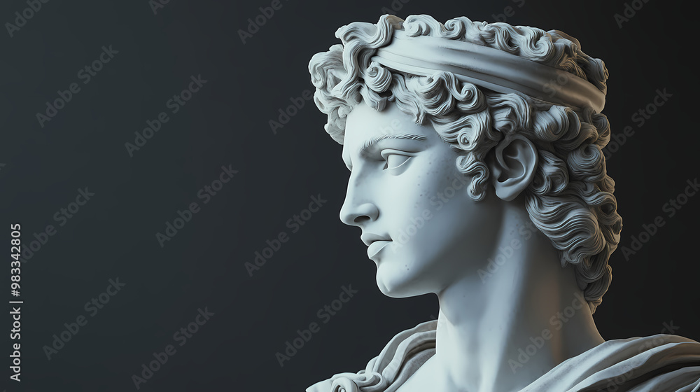 Apollo greek god statue close up portrait on plain black background ...