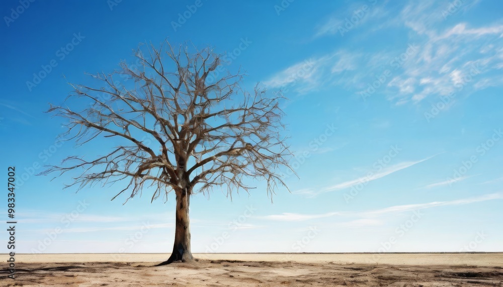 A single bare tree stands in the middle of a barren desert landscape ...