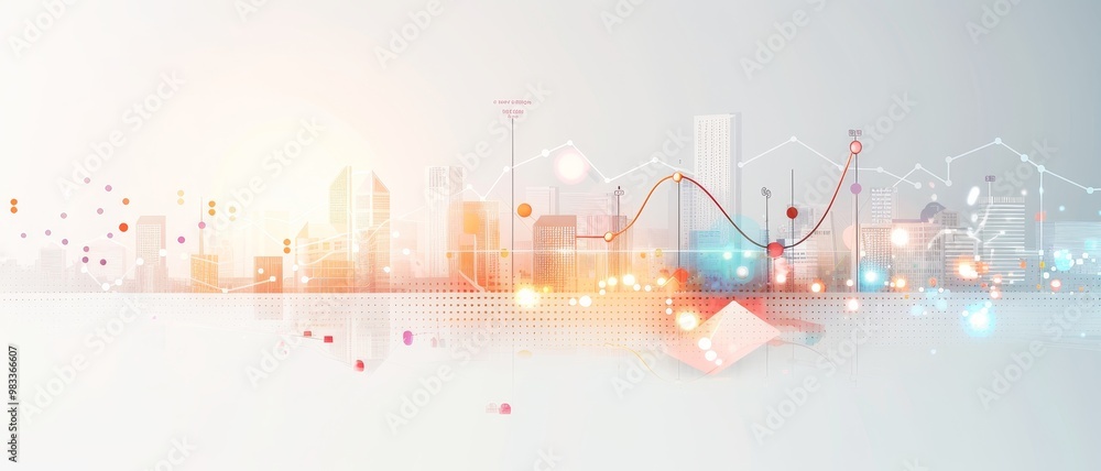 A futuristic city skyline with abstract data visualizations and glowing ...
