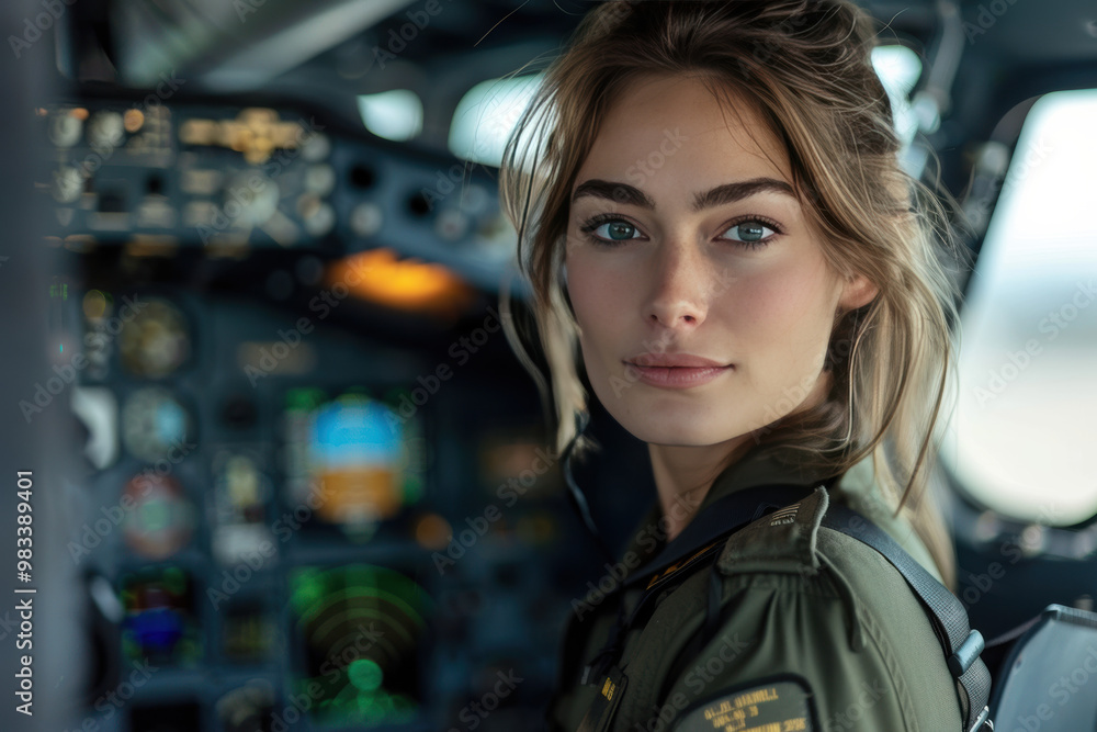 An image of a young female pilot inside an airplane cockpit, wearing a ...