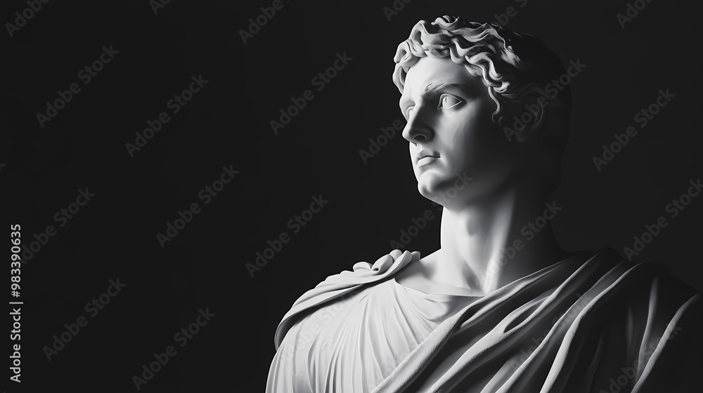 Greek god apollo white smooth marble statue on plain black background ...