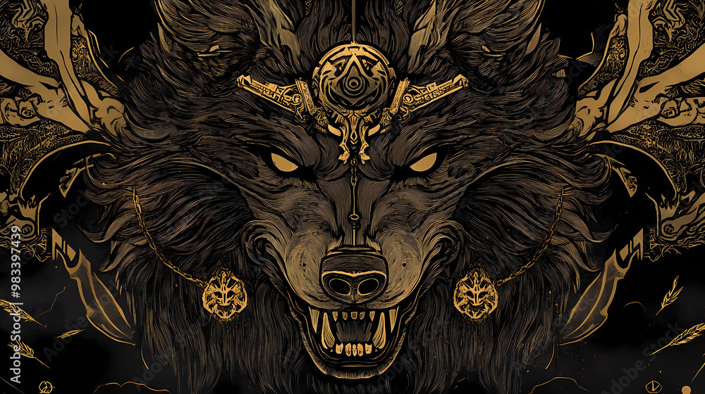Fenrir the viking wolf god in black and gold line art style showcases ...