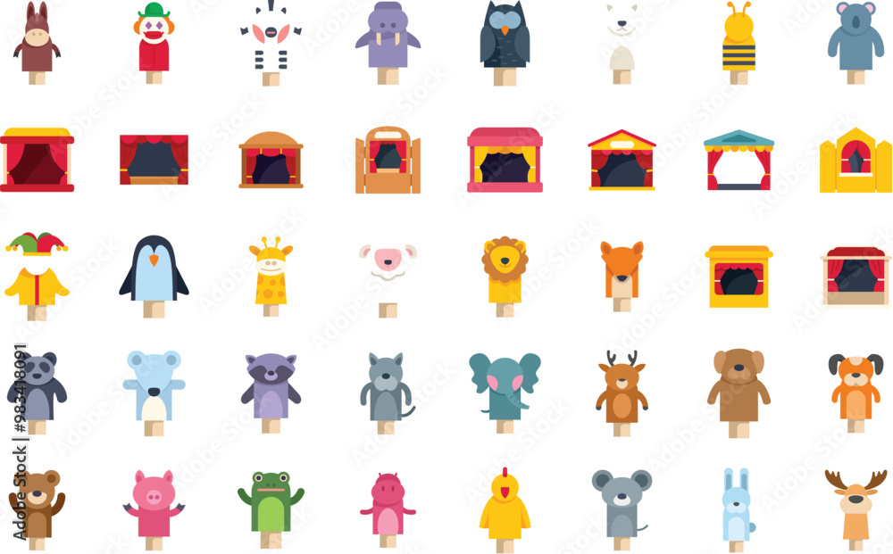 Colorful collection of hand puppets depicting various animals and ...