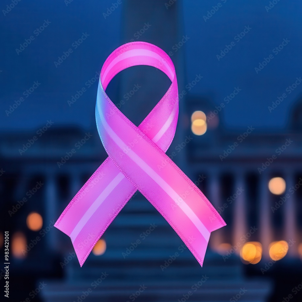 Breast cancer awareness ribbon projected onto a famous monument focus ...