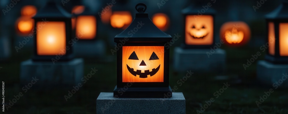 Obon gravesites illuminated by both lanterns and Halloween pumpkin ...